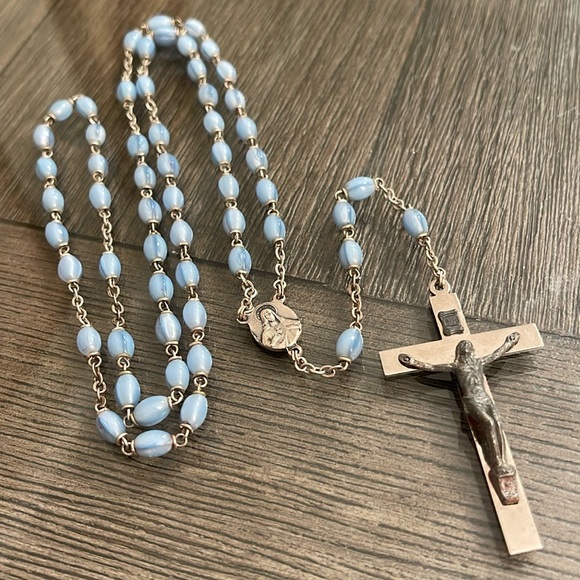 Vintage | Jewelry | Vintage Blue Milk Glass Rosary Crucifix Mother Mary ...